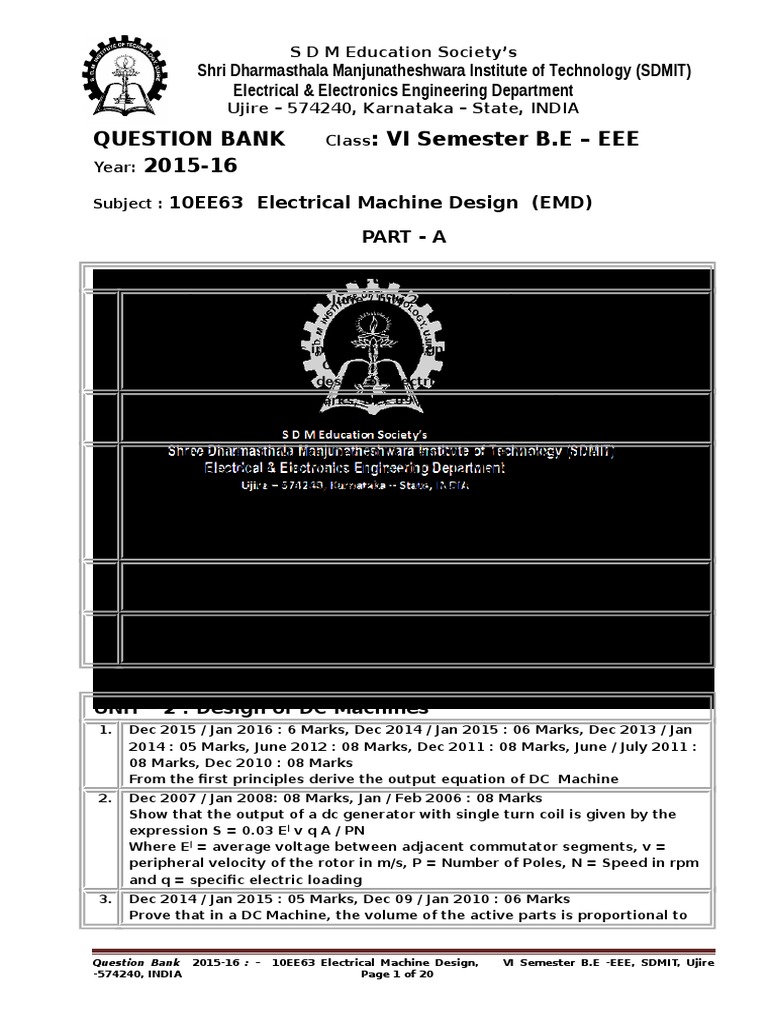 Electrical Machine Design Q&A Bank | PDF | Transformer | Alternating ...