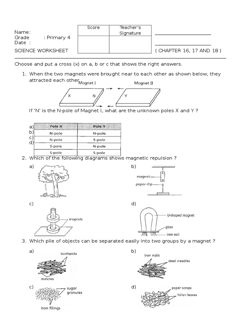 Primary 4 Science Worksheet Chapter 16, 17 and 18 | PDF | Friction | Magnet