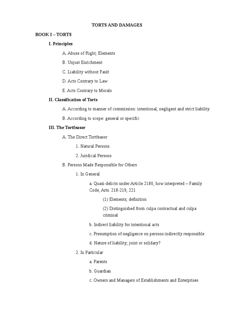 Torts and Damages Book I - Torts I. Principles | PDF | Tort | Trespass