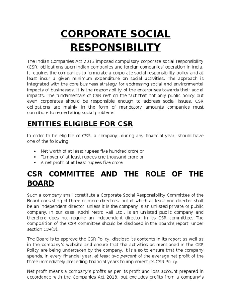 CSR Obligations Under Indian Law | PDF | Corporate Social ...