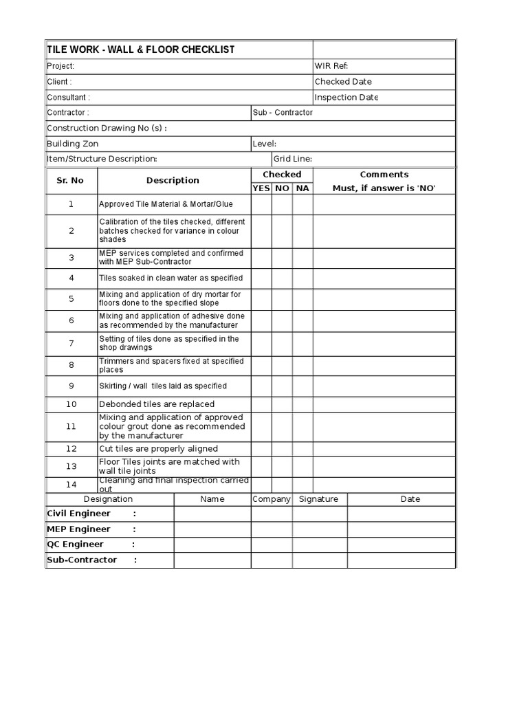 Tile Work Checklist | PDF | Home & Garden | Technology & Engineering