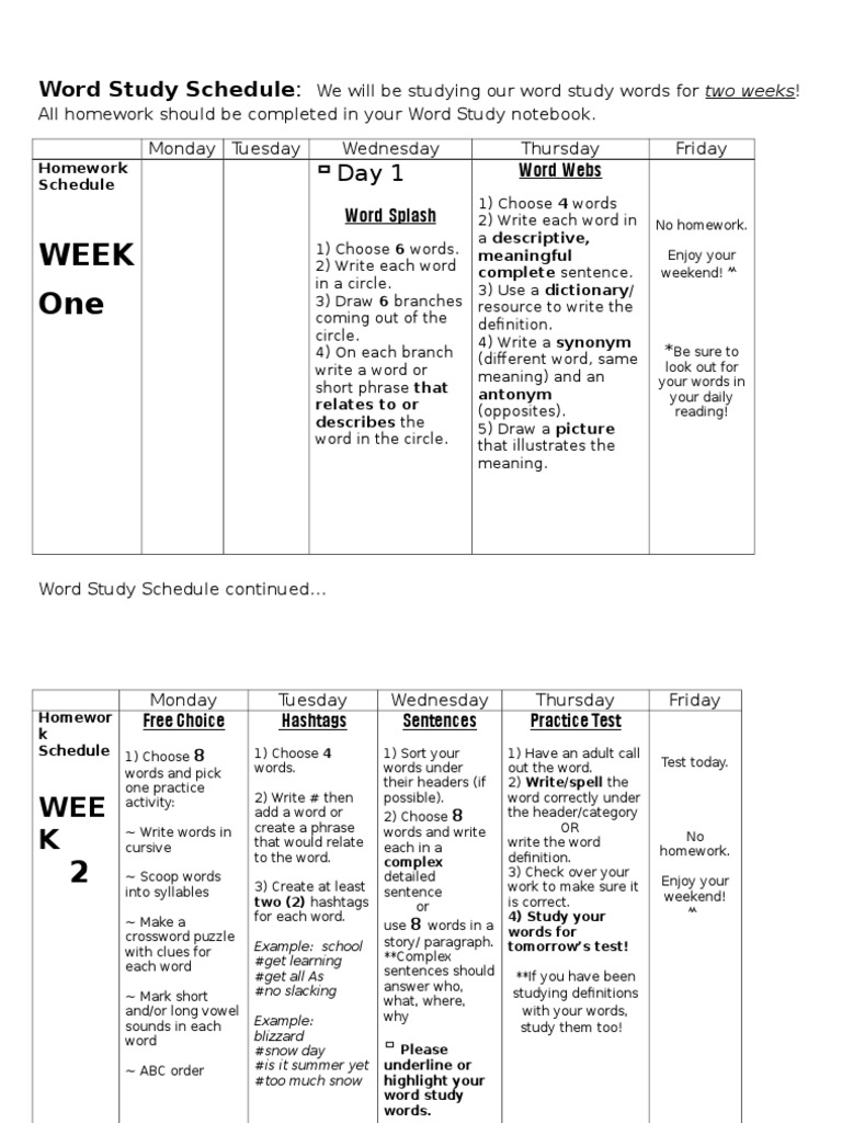 Word Study Schedule 2015 | PDF