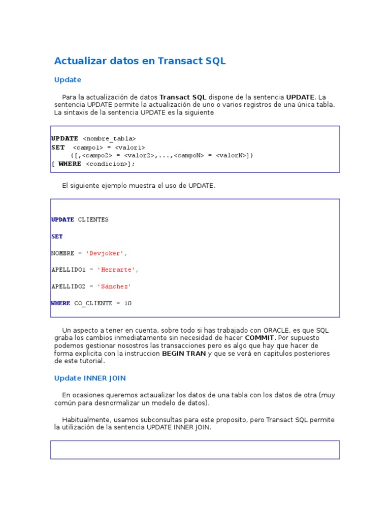 Actualizar Datos en Transact SQL | PDF | SQL | Bases de datos