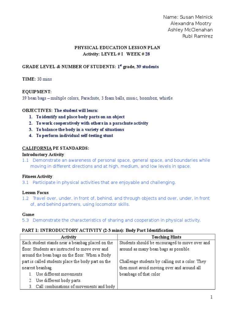 First Grade Physical Education Plan | PDF | Physical Education | Recreation