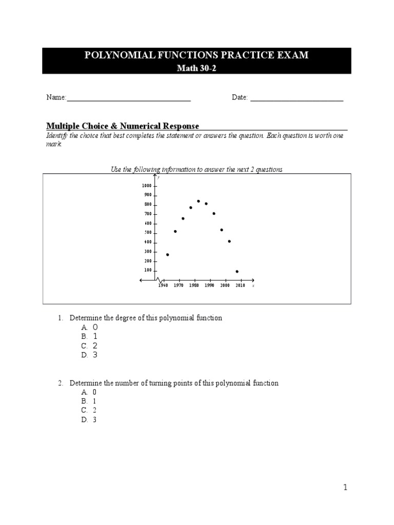 Polynomial Functions Practice Exam | PDF | Polynomial | Regression Analysis