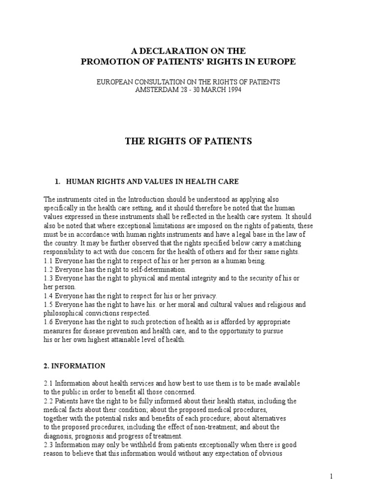 A Declaration on Patients' Rights in Europe: Establishing Universal ...