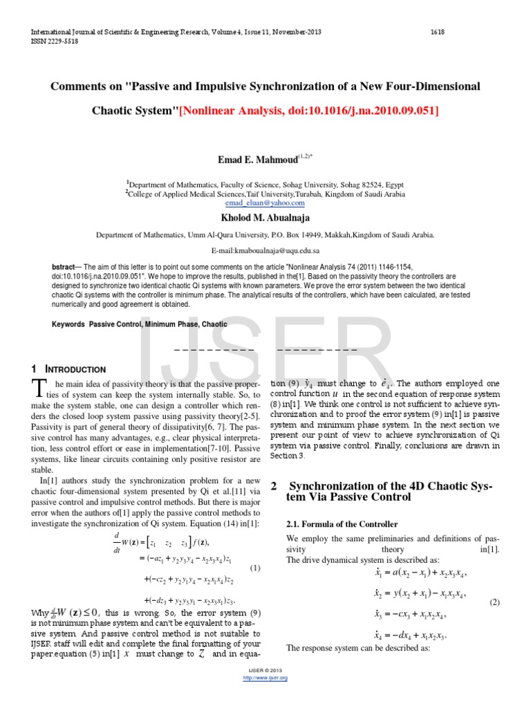 Researchpaper Comments On Passive and Impulsive Synchronization of A New Four Dimensional ...