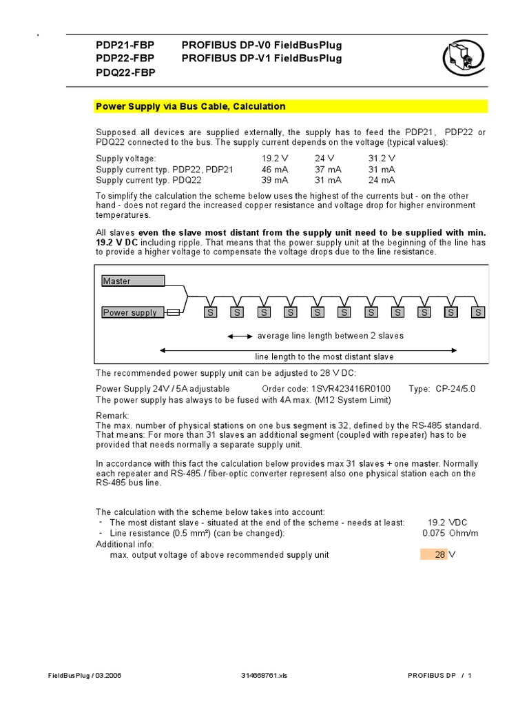 PROFIBUS DP PowerSupply Via Bus Cable Calculation Berechnung 05 2006 ...