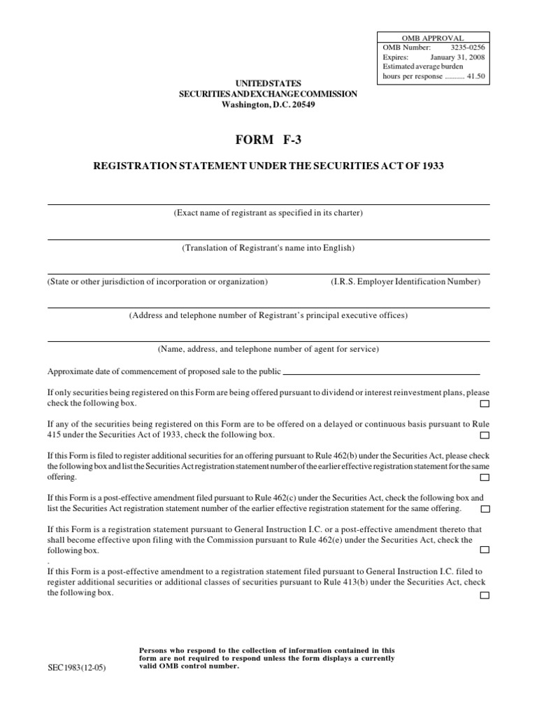Securities and Exchange Commission (SEC) - Formf-3 | PDF | Regulation S ...