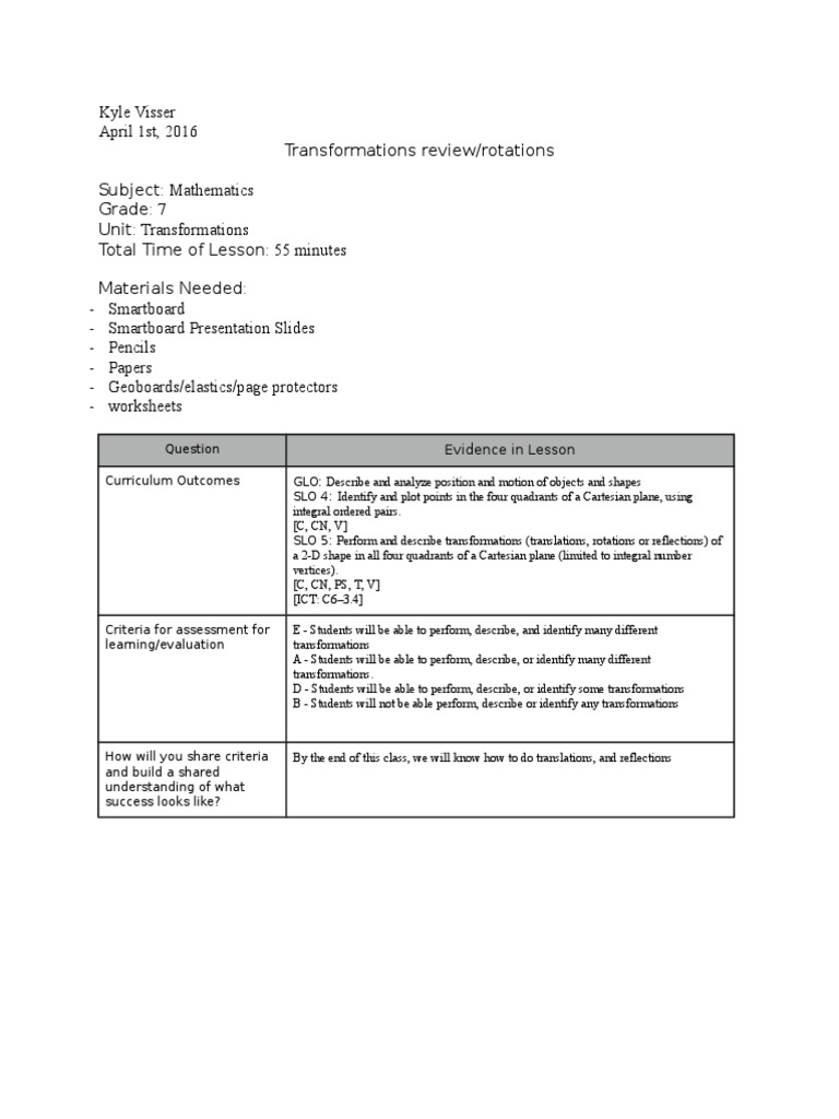 Grade 7 Transformation - Lesson Plan 5 | PDF | Educational Psychology ...