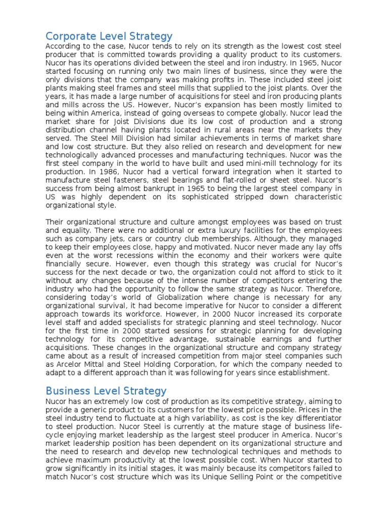 Nucor Case Study Analysis | PDF | Competition | Organizational Structure
