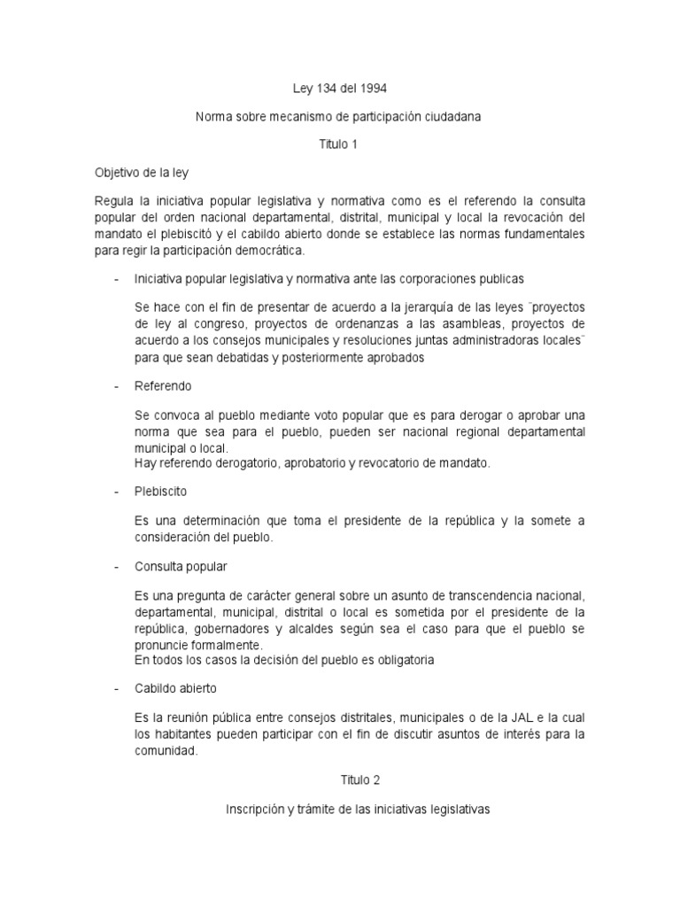 Ley 134 Del 1994 | PDF | Iniciativa | Gobierno