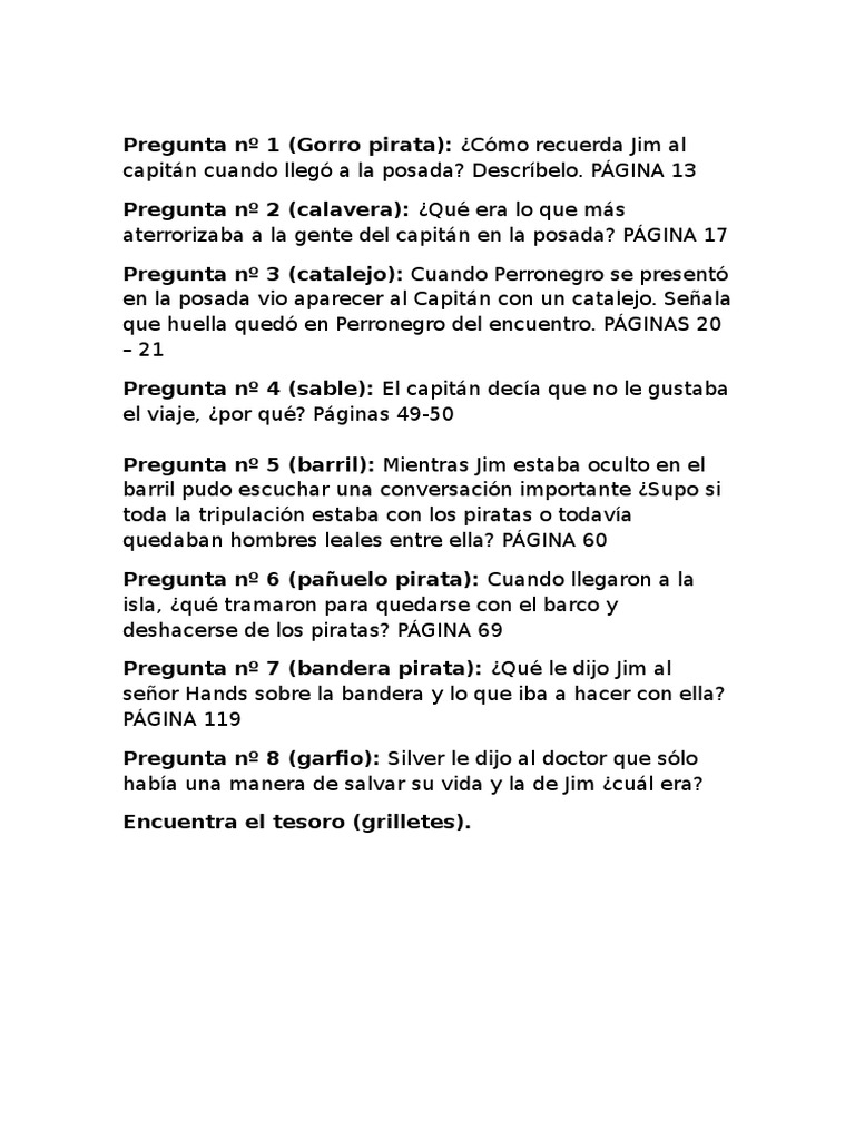 Preguntas, Palabras y Respuestas de La Isla Del Tesoro | PDF