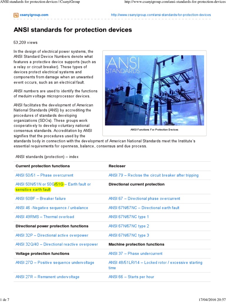 ANSI Standards for Protection Devices | PDF | Transformer | Power Supply