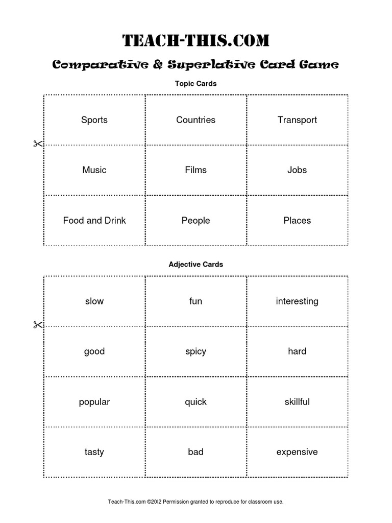 Comparative and Superlative Card Game | PDF | Grammar | Language Mechanics