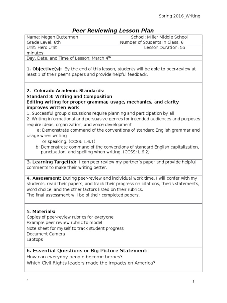 Peer Review Lesson Plan for 6th Grade | PDF | Rubric (Academic ...