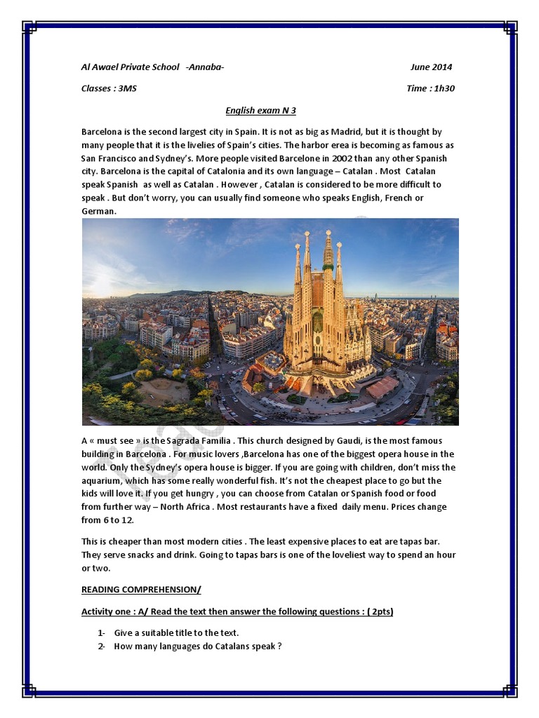 Reading Comprehension/ Activity One: A/ Read The Text Then Answer The ...