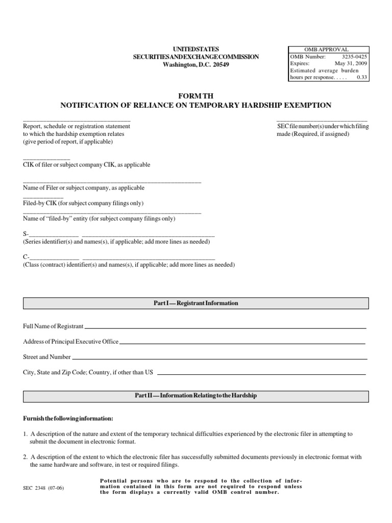 Form TH: Hardship Exemption Filing | PDF | U.S. Securities And Exchange ...