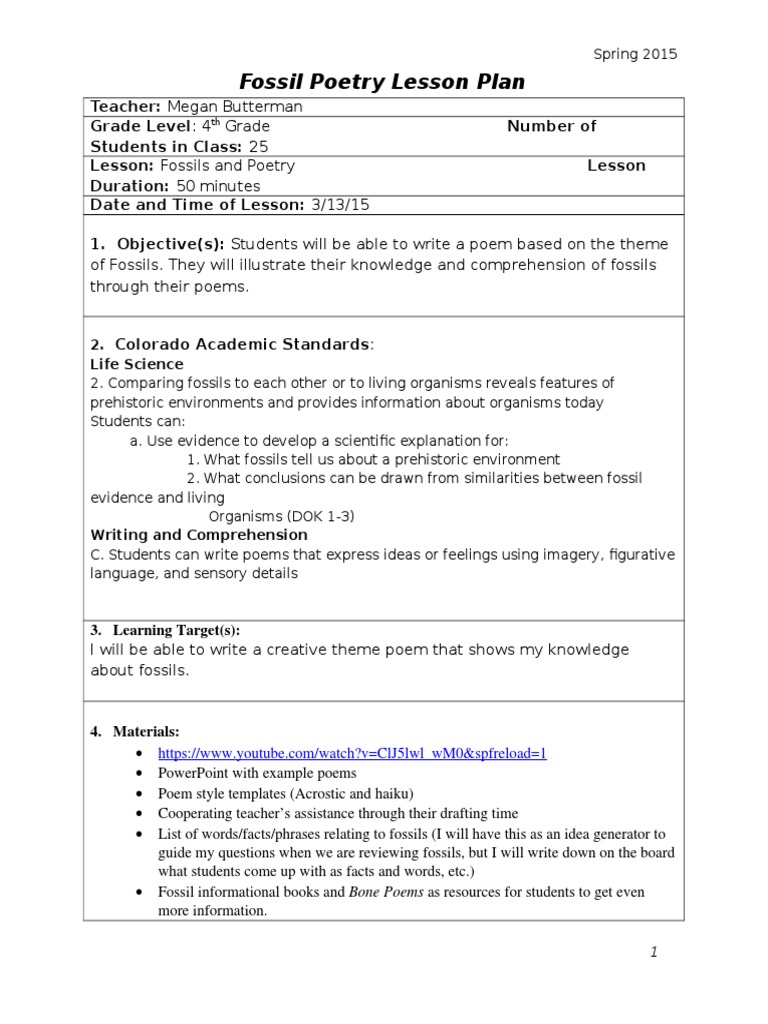 Fossil Poetry Lesson Plan | PDF | Lesson Plan | Poetry