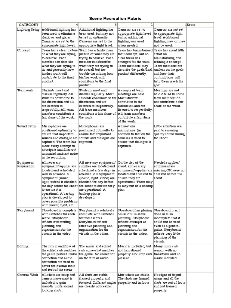 Scene Recreation Rubric | PDF | Lighting | Leisure