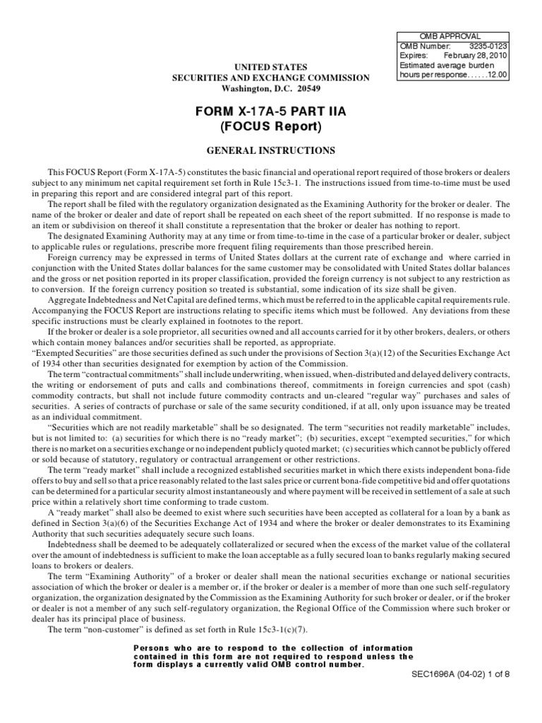 Form X-17A-5 Part Iia (FOCUS Report) : General Instructions | PDF ...