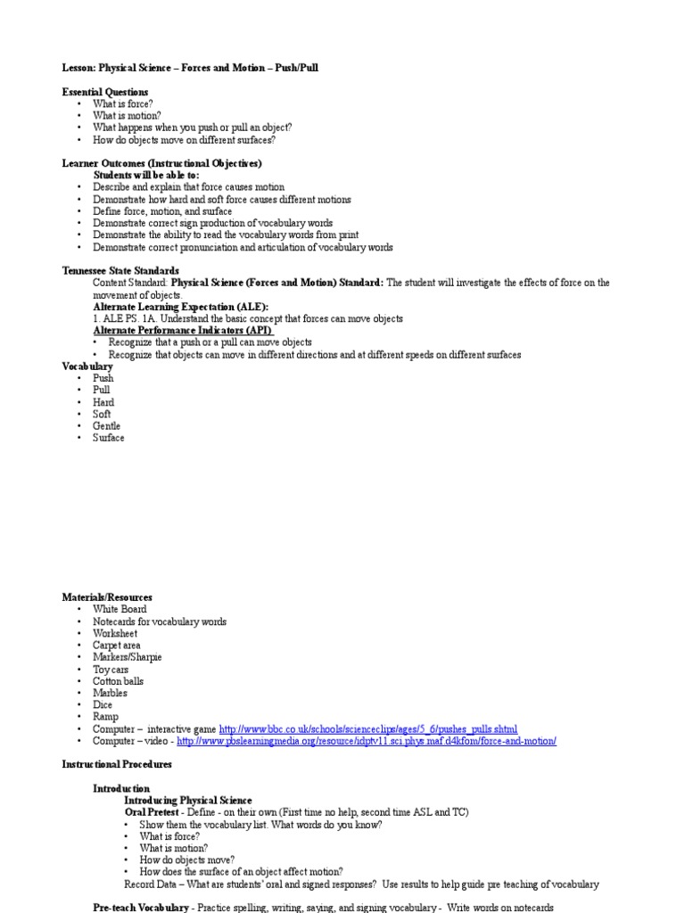 LP 3 Forces and Motion - Push Pull Lesson Plan - Portfolio | PDF ...