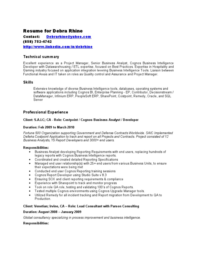 Debbie Rhine Resume | Business Intelligence | Enterprise Resource Planning
