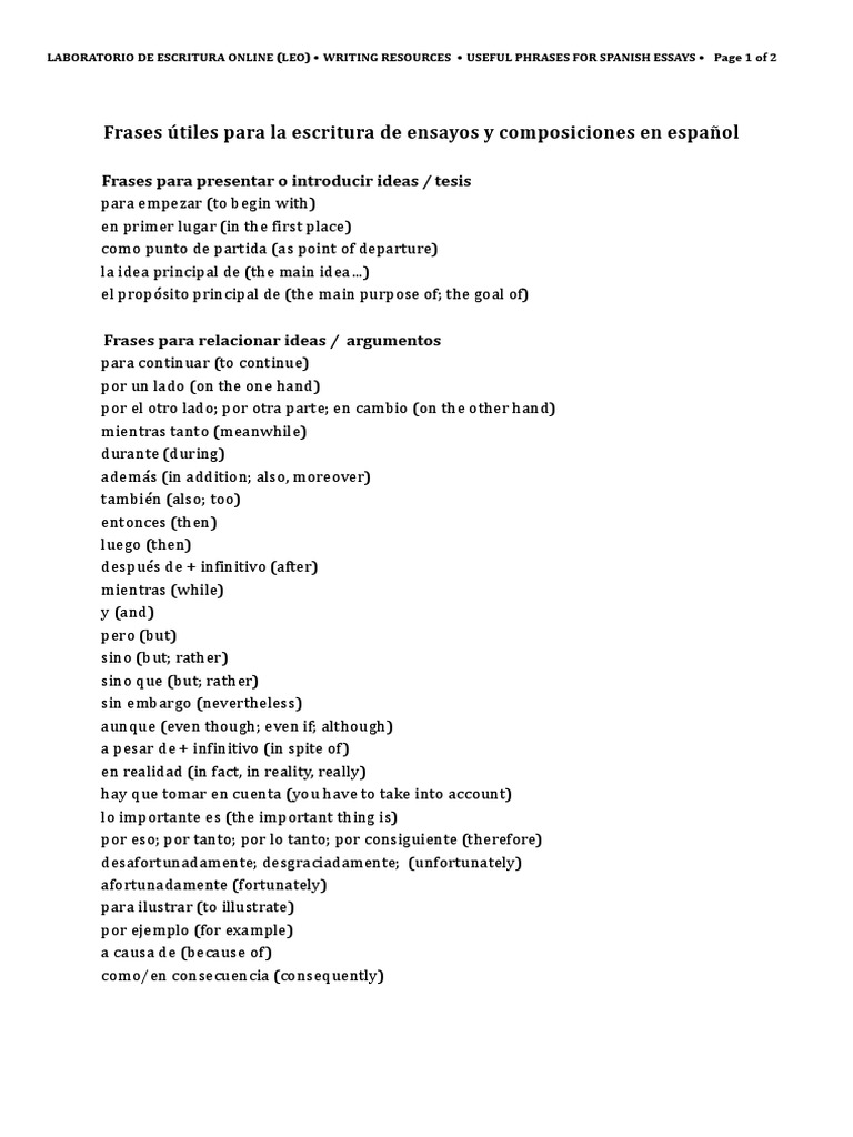 Frases útiles para ensayos en español | PDF
