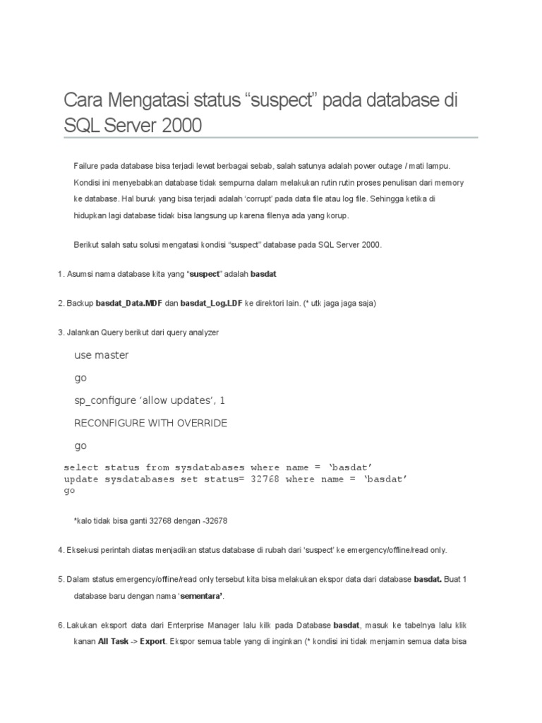 Cara Memperbaiki DB Error SQL 2000 (Suspect) | PDF