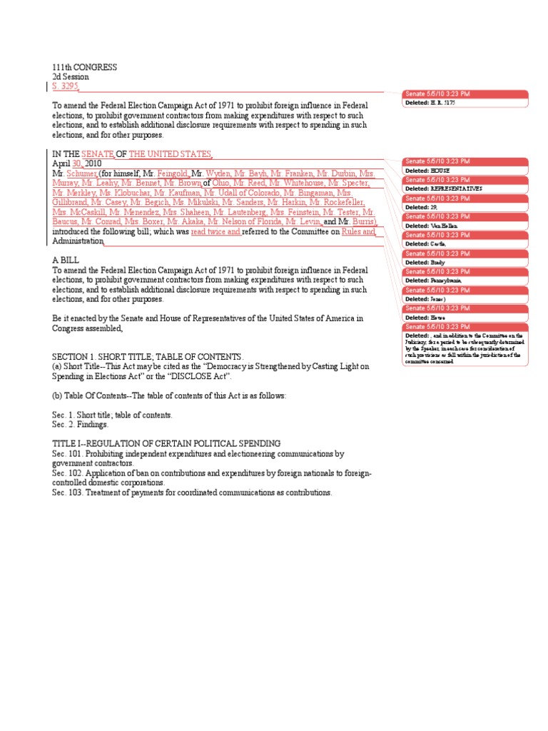 DISCLOSE Act Comparison | PDF | Citizens United V. Fec | Government