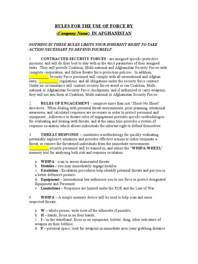 Rules For The Use of Force - Afghanistan | PDF | Law Of War | Civilian