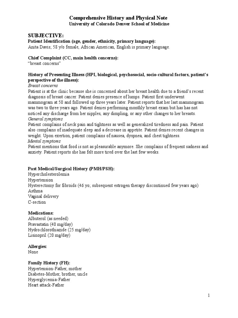 Comprehensive History and Physical Note Subjective:: Breast Concerns ...