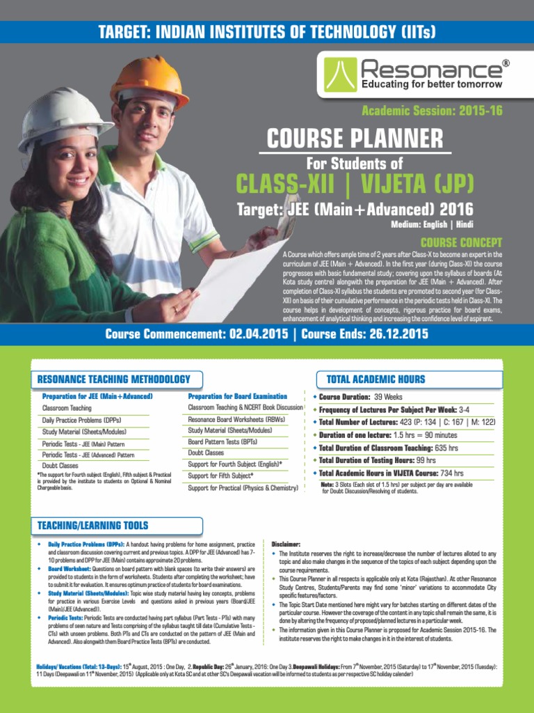 JEE 2016 Course Planner for Class XII | PDF | Chemical Reactions ...