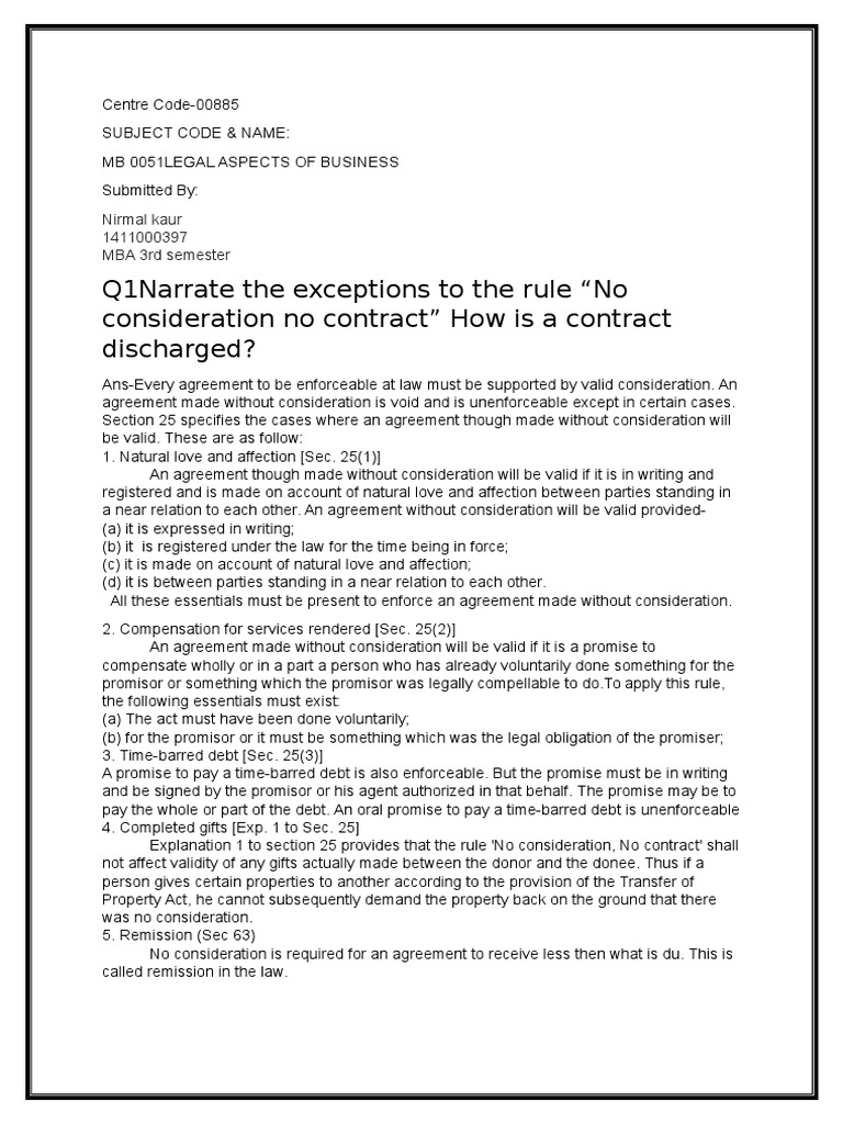 Q1Narrate The Exceptions To The Rule "No Consideration No Contract" How ...