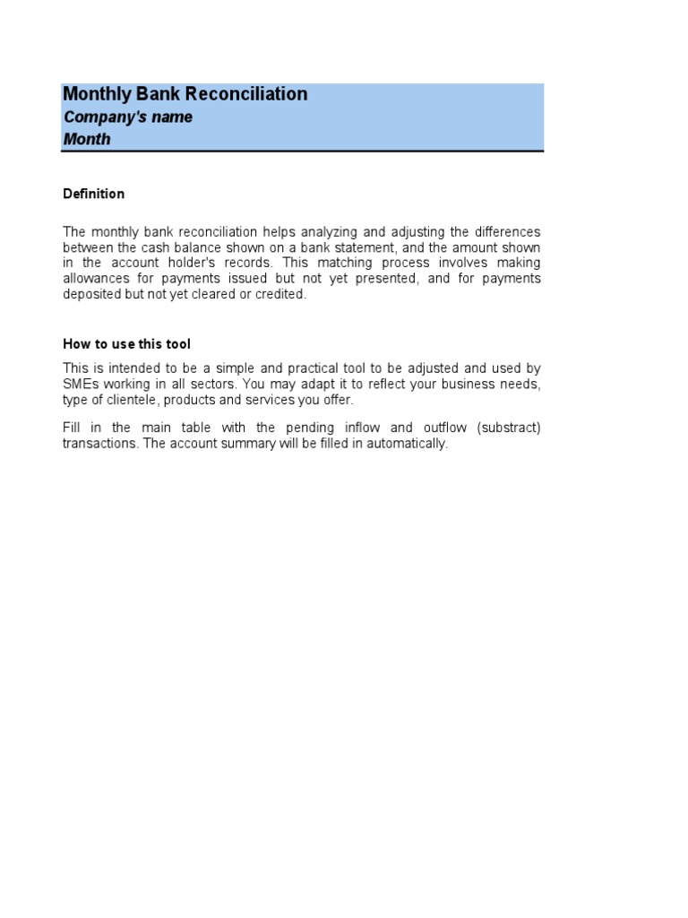 Monthly Bank Reconciliation: Company's Name Month | PDF