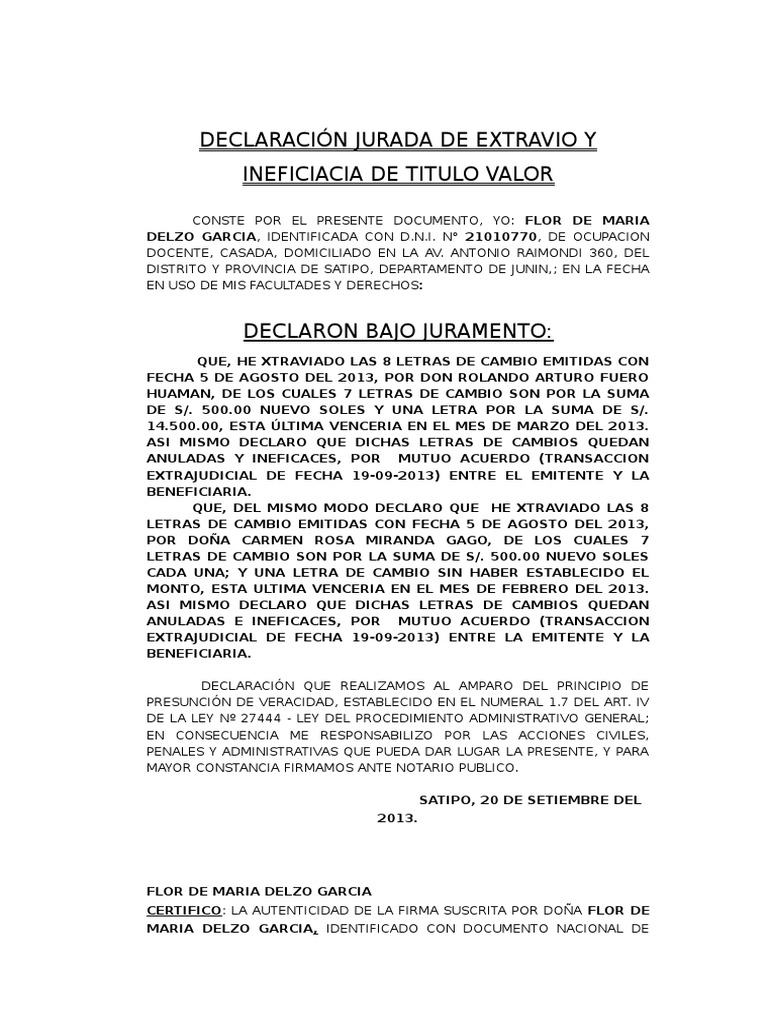 Declaración Jurada - Perdida de Titulo Valor. | PDF