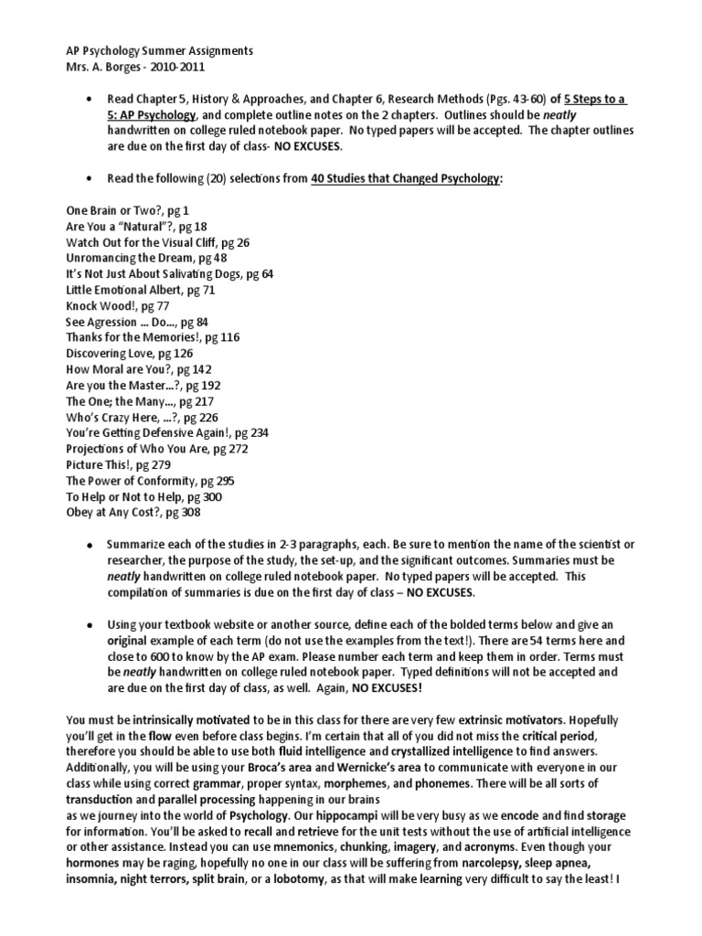 AP Psych Summer Assignments Revised | PDF | Psychology | Creativity