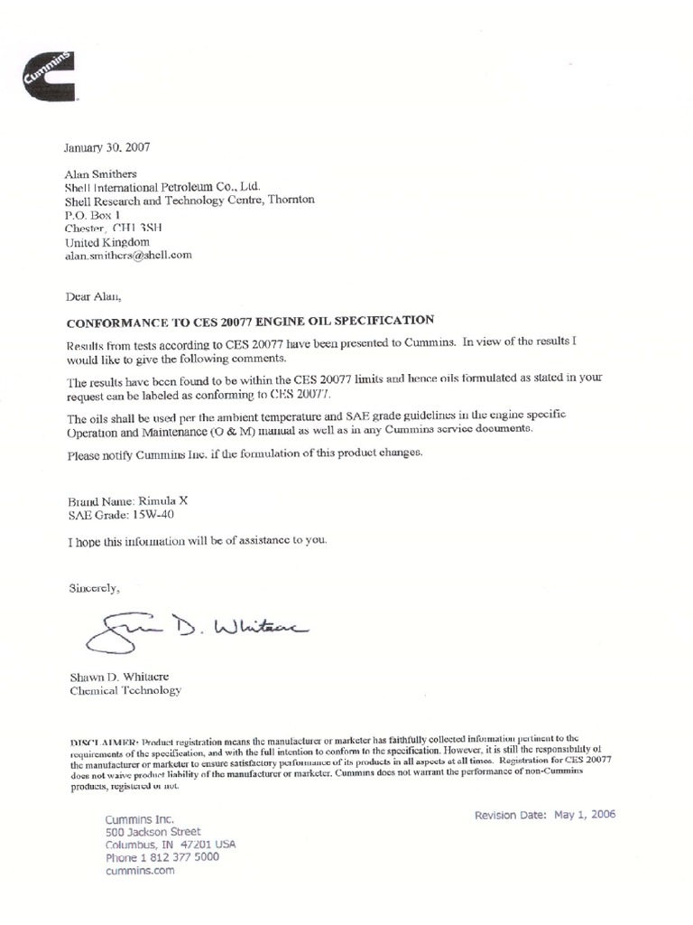 Cummins CES 20077 Approval SL1039 - Rimula X 15W-40 CH-4 | PDF