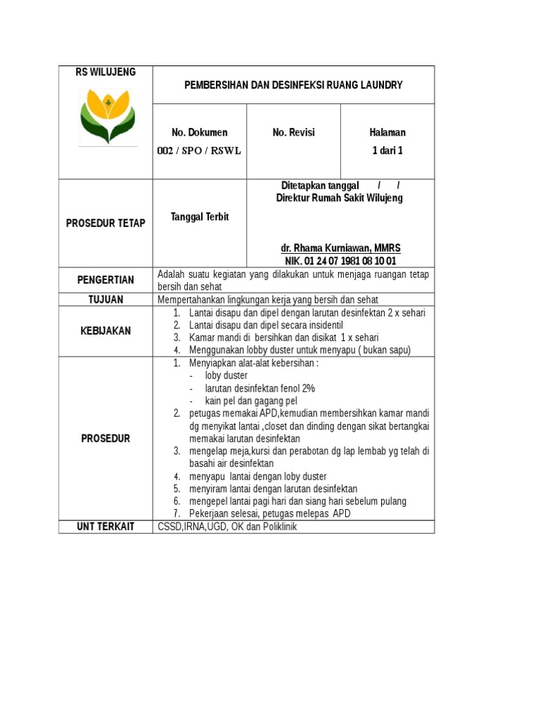 Pembersihan Dan Desinfeksi Ruang Laundry | PDF