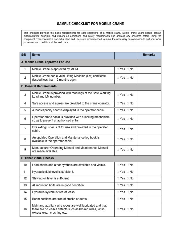 Mobile Crawler Crane Checklist | PDF | Crane (Machine) | Mechanical ...
