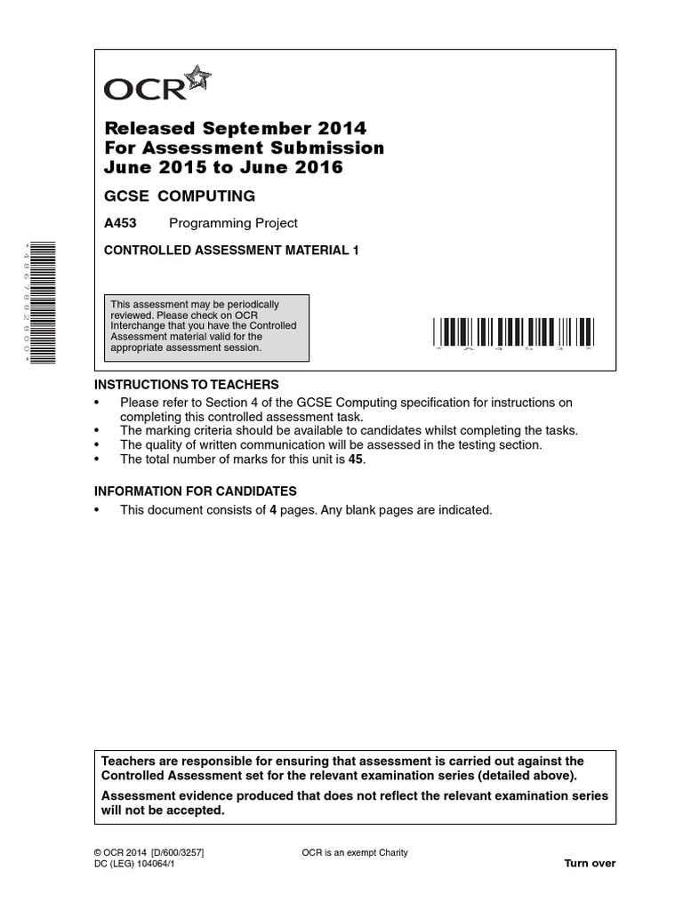 Computing GCSE A453CA1Jun15 - 104064 | PDF | Educational Assessment ...