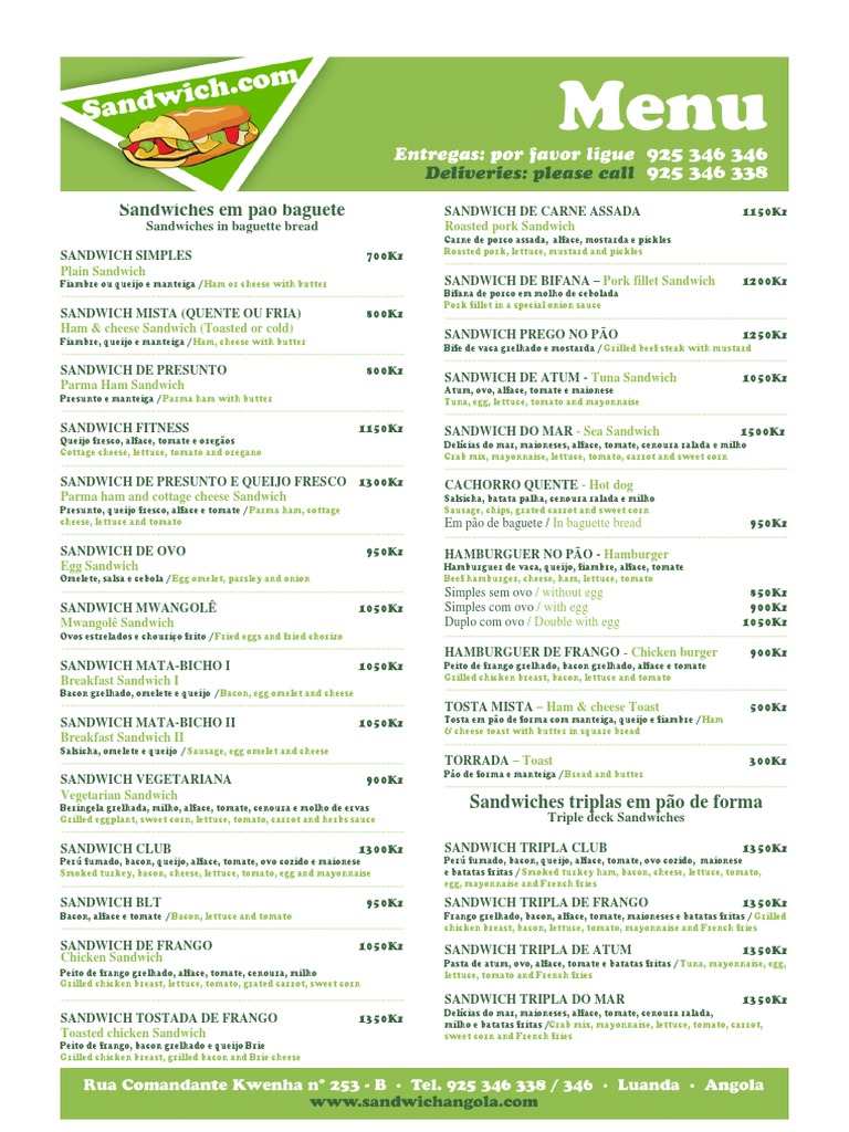 Menu Sandwich ANGOLA | PDF