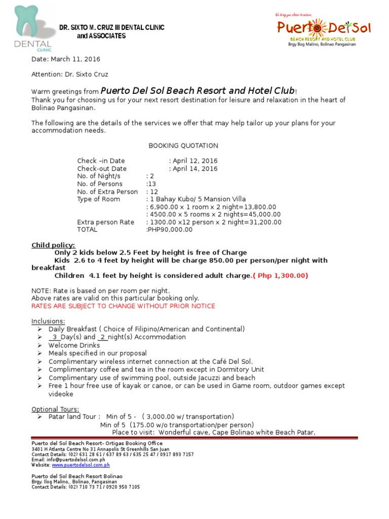 Booking Quotation - Dr. Sixto Cruz | PDF | Bdo Unibank | Hotel And ...