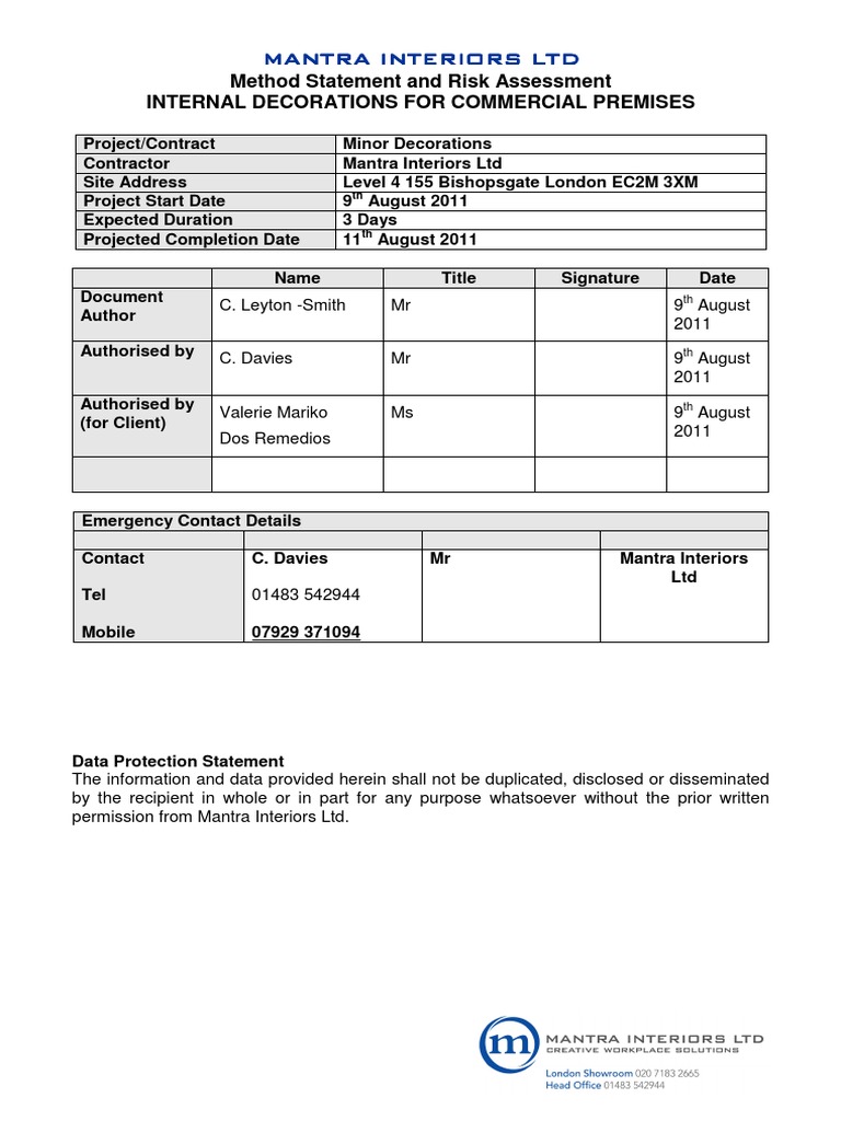 Interior Decorating Method Statement | PDF | Personal Protective ...
