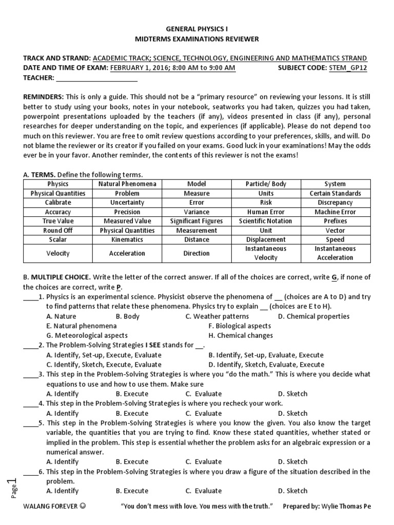 Physics 1 Midterm Examinations Reviewer | Velocity | Accuracy And Precision