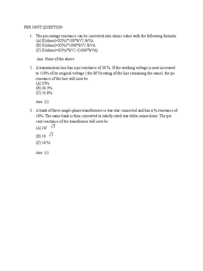 Per Unit Reactance and Transformer MCQs | PDF | Teaching Methods ...