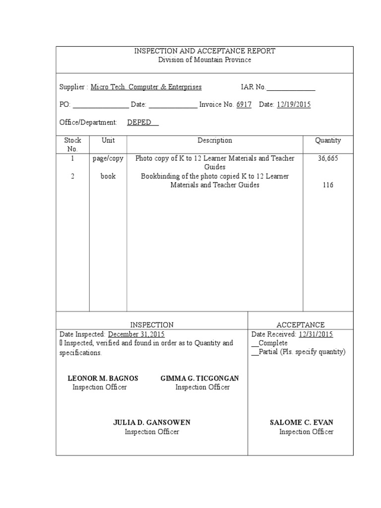 Inspection and Acceptance Report | PDF | Hardware | Computing And ...
