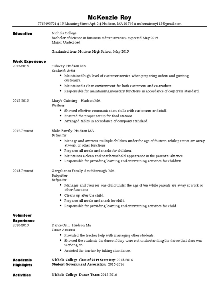 McKenzie Roy's Resume and Experience | PDF