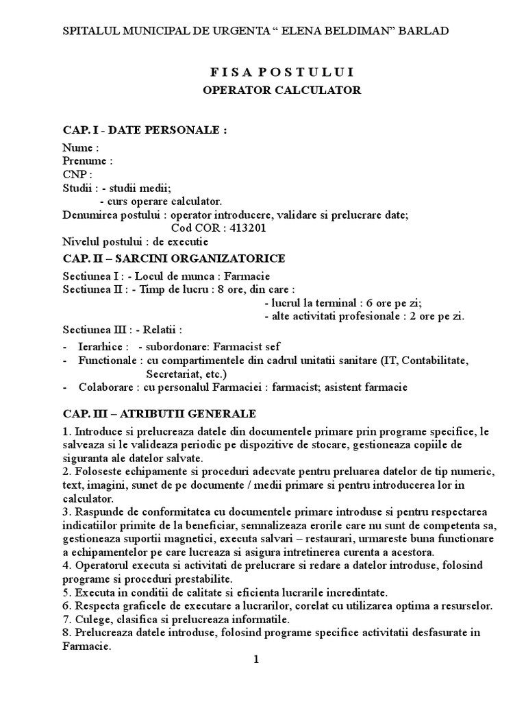 Fisa Post Operator | PDF