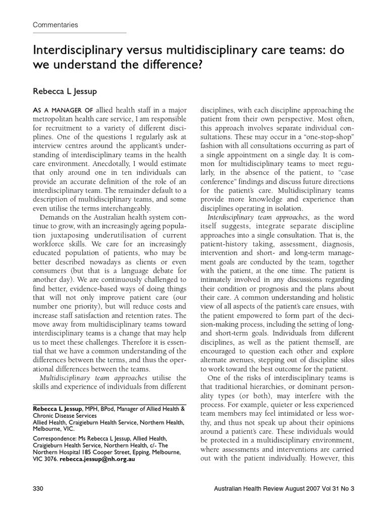 Interdisciplinary Versus Multidisciplinary Care Teams - Do We Understand The Difference | PDF ...